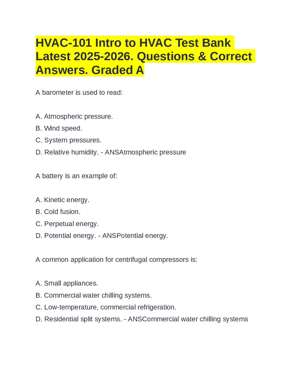 HVAC-101 Intro to HVAC Test Bank Latest 2025-2026. Questions & Correct ...