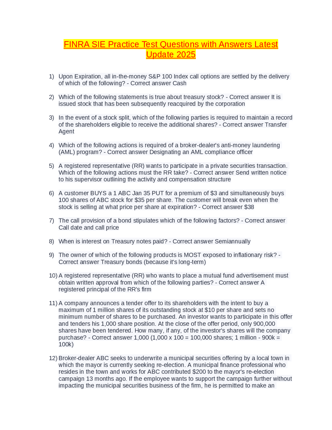 FINRA SIE Practice Test Questions with Answers Latest Update 2025 ...