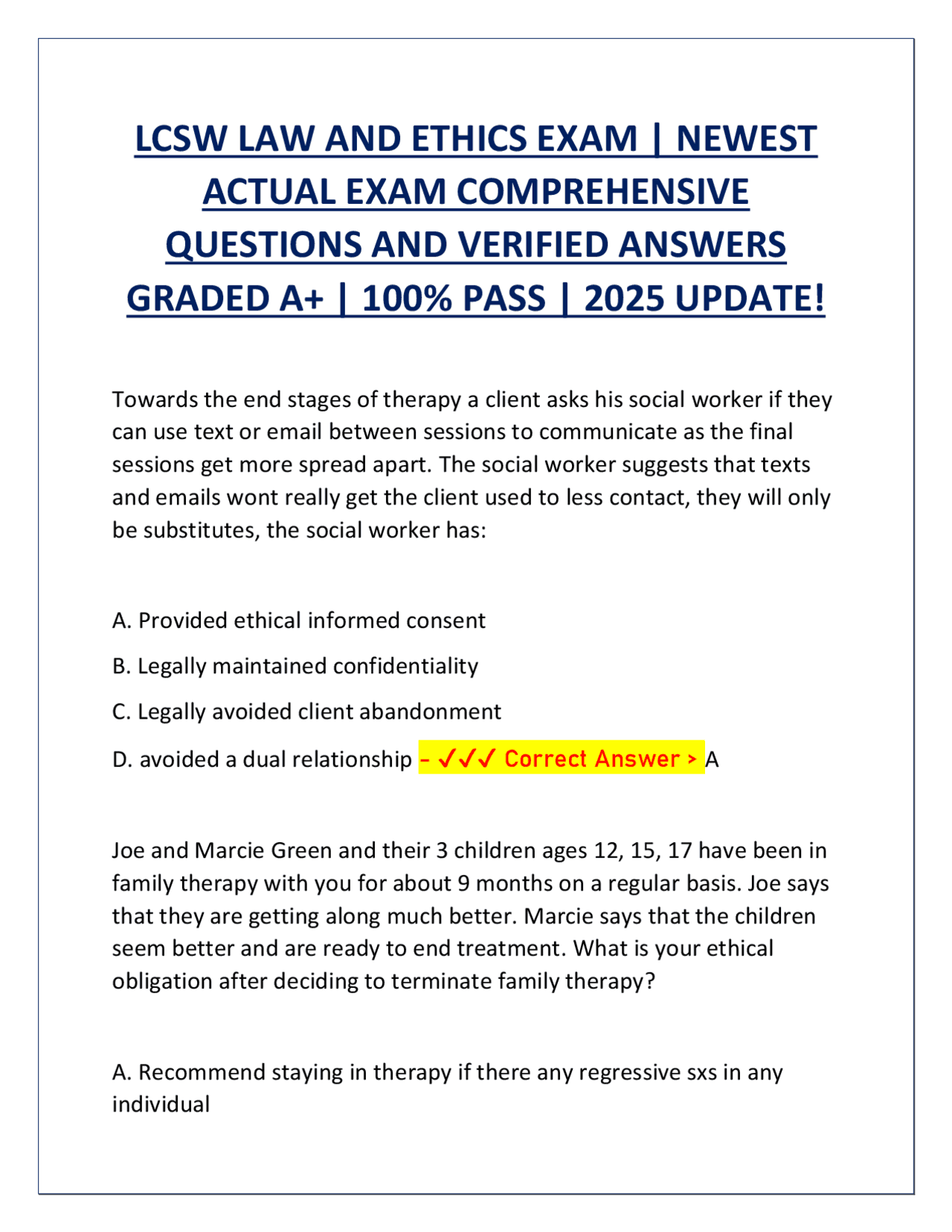 LCSW LAW AND ETHICS EXAM | NEWEST ACTUAL EXAM COMPREHENSIVE QUESTIONS ...