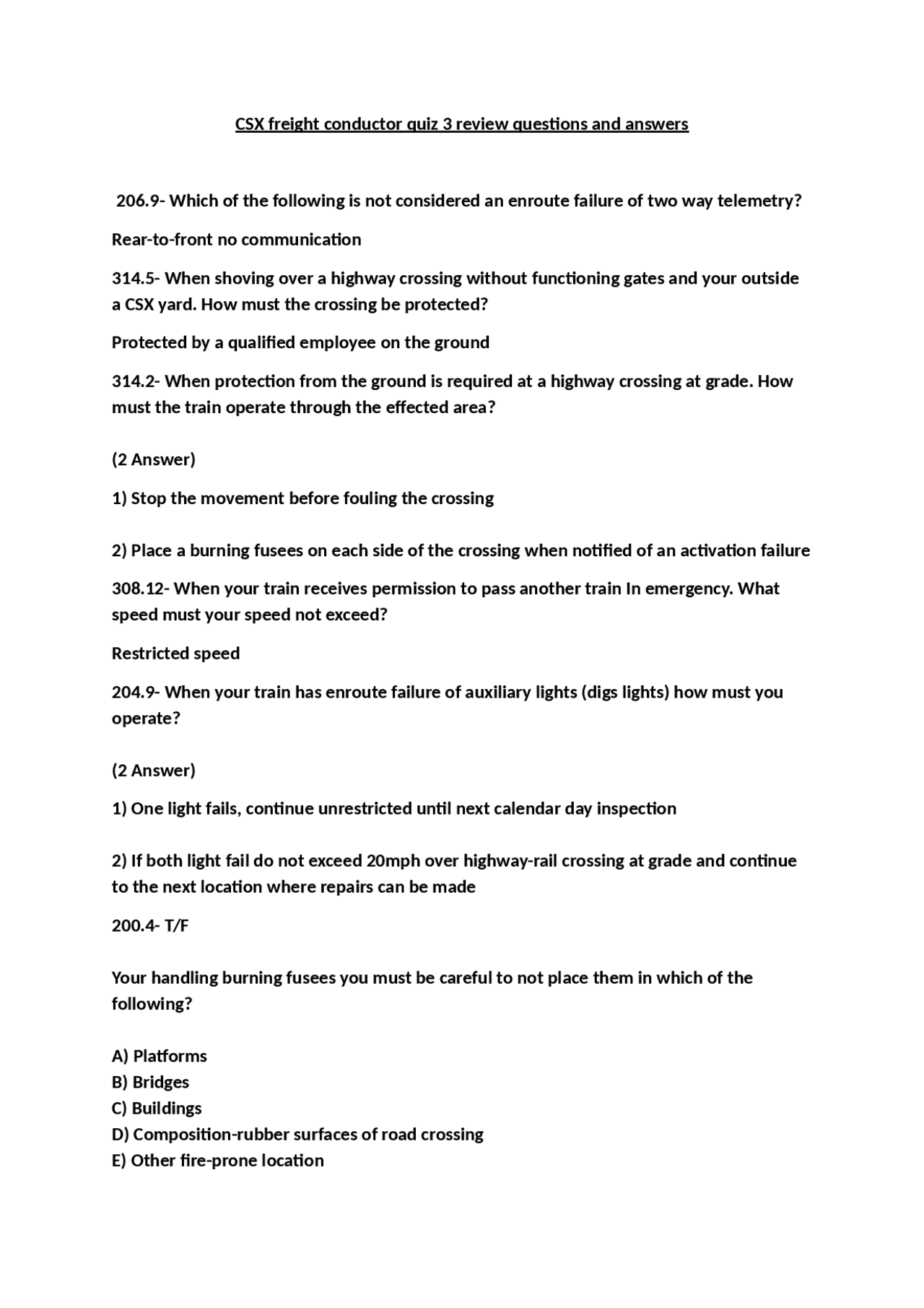 CSX Freight Conductor Quiz 3 Review: Questions and Answers | Exams ...