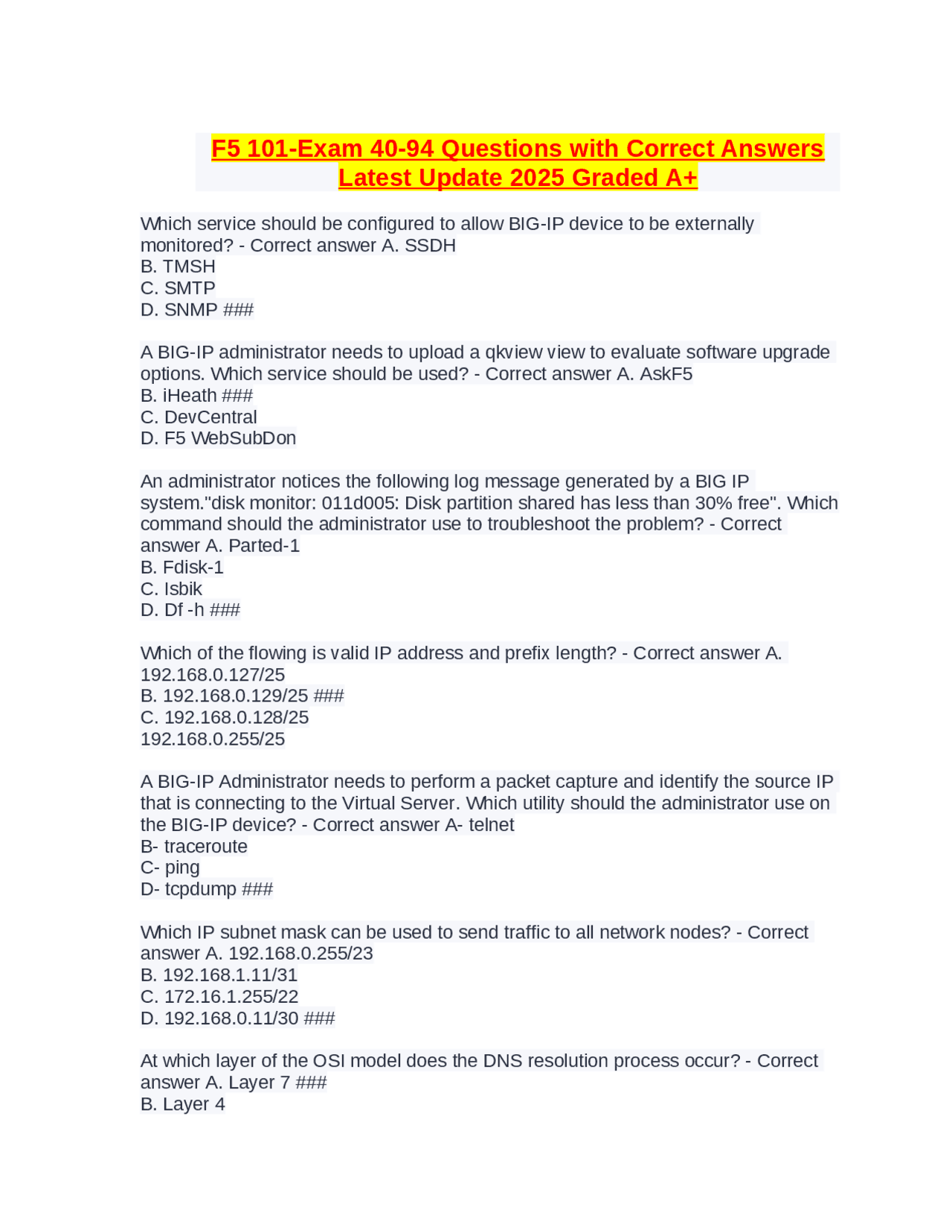 F5 101-Exam 40-94 Questions with Correct Answers Latest Update 2025 ...