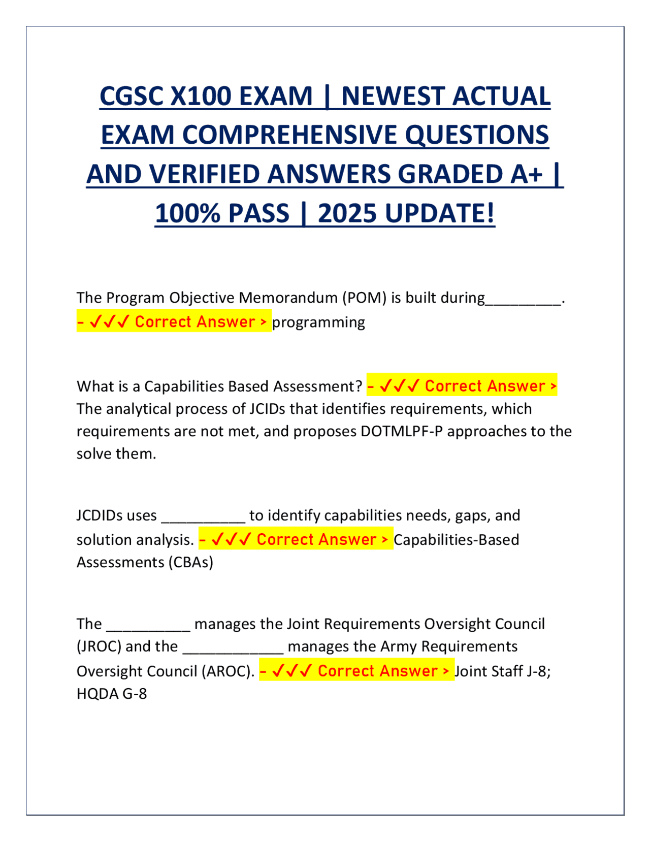 CGSC X100 EXAM | NEWEST ACTUAL EXAM COMPREHENSIVE QUESTIONS AND ...