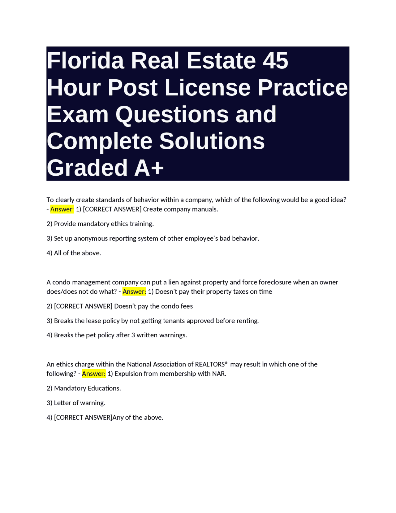 Florida Real Estate 45 Hour Post License Practice Exam Questions and ...