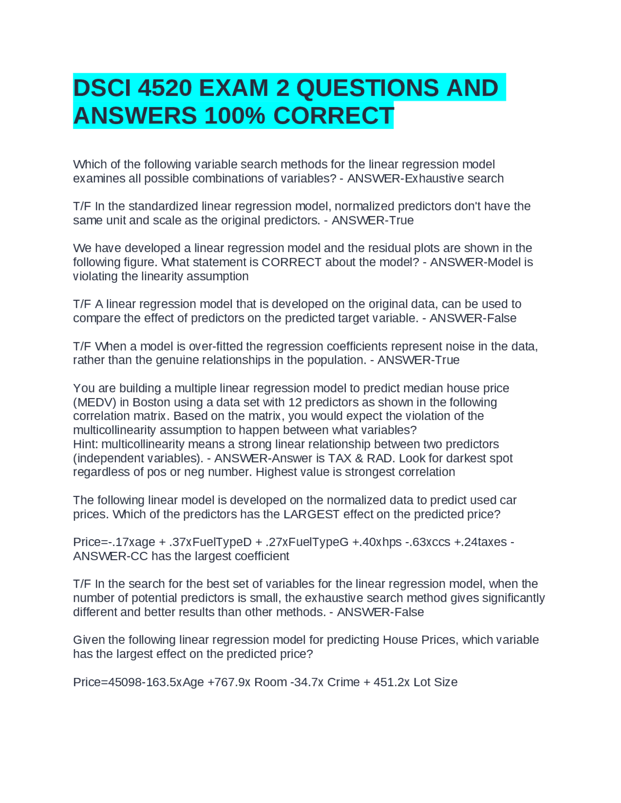 DSCI 4520 EXAM 2 QUESTIONS AND ANSWERS 100% CORRECT | Exams Social ...