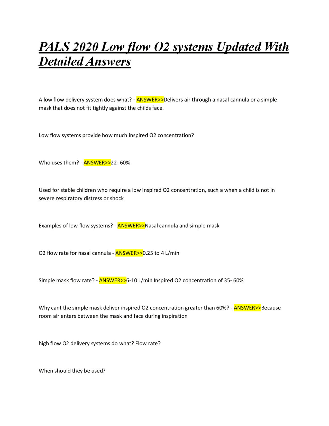 PALS 2020 Low flow O2 systems Updated With Detailed Answers | Exams ...