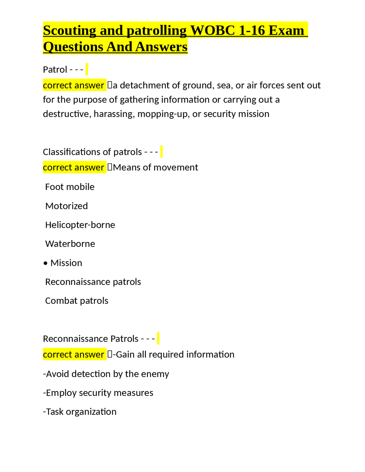 Scouting and Patrolling: WOBC 1-16 Exam Questions and Answers | Exams Military Strategy and ...