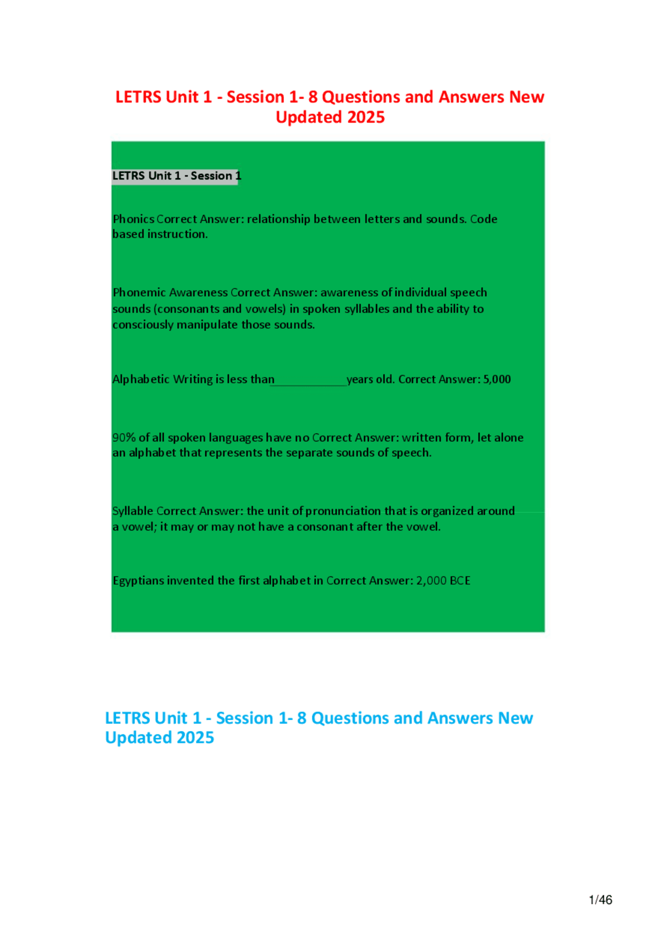 LETRS Unit 1 - Session 1- 8 Questions and Answers New Updated 2025 ...