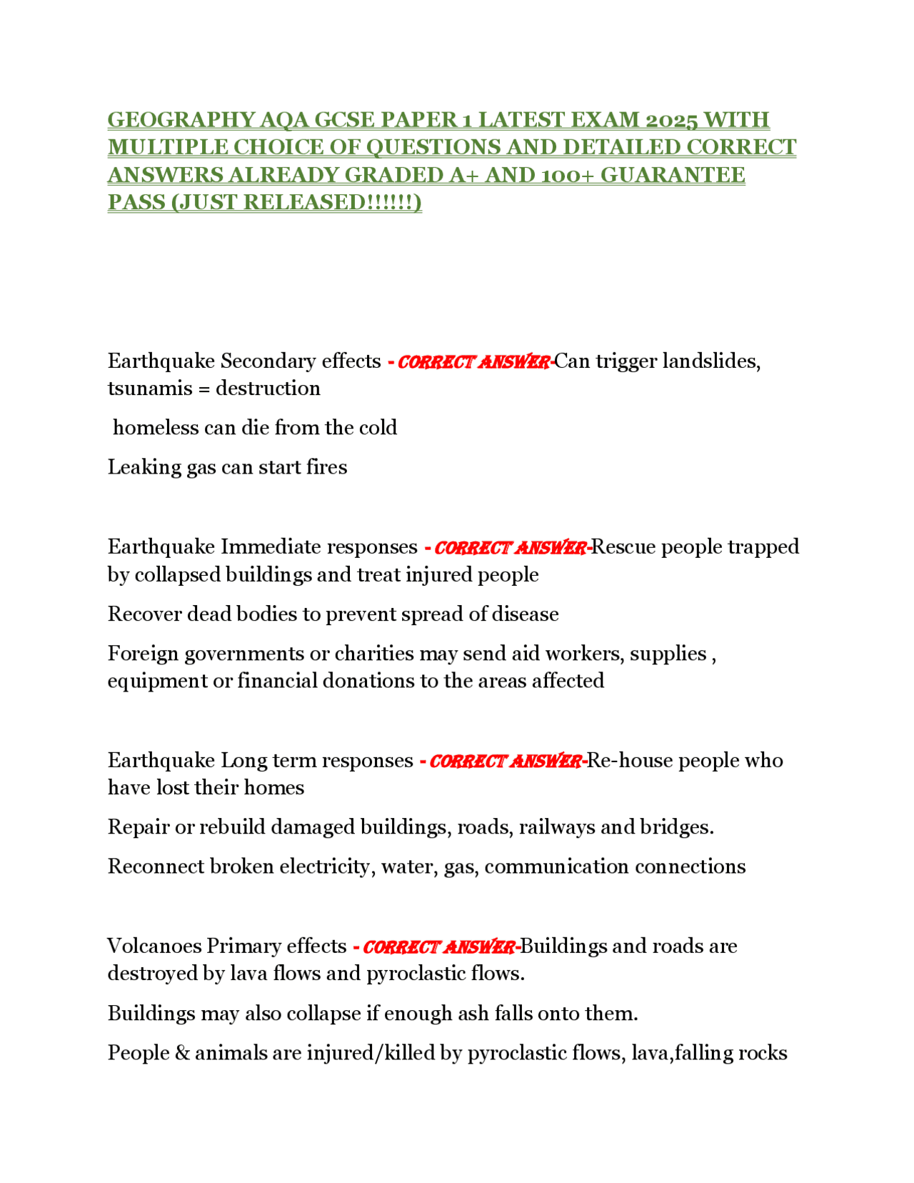 GEOGRAPHY AQA GCSE PAPER 1 LATEST EXAM 2025 WITH MULTIPLE CHOICE OF ...