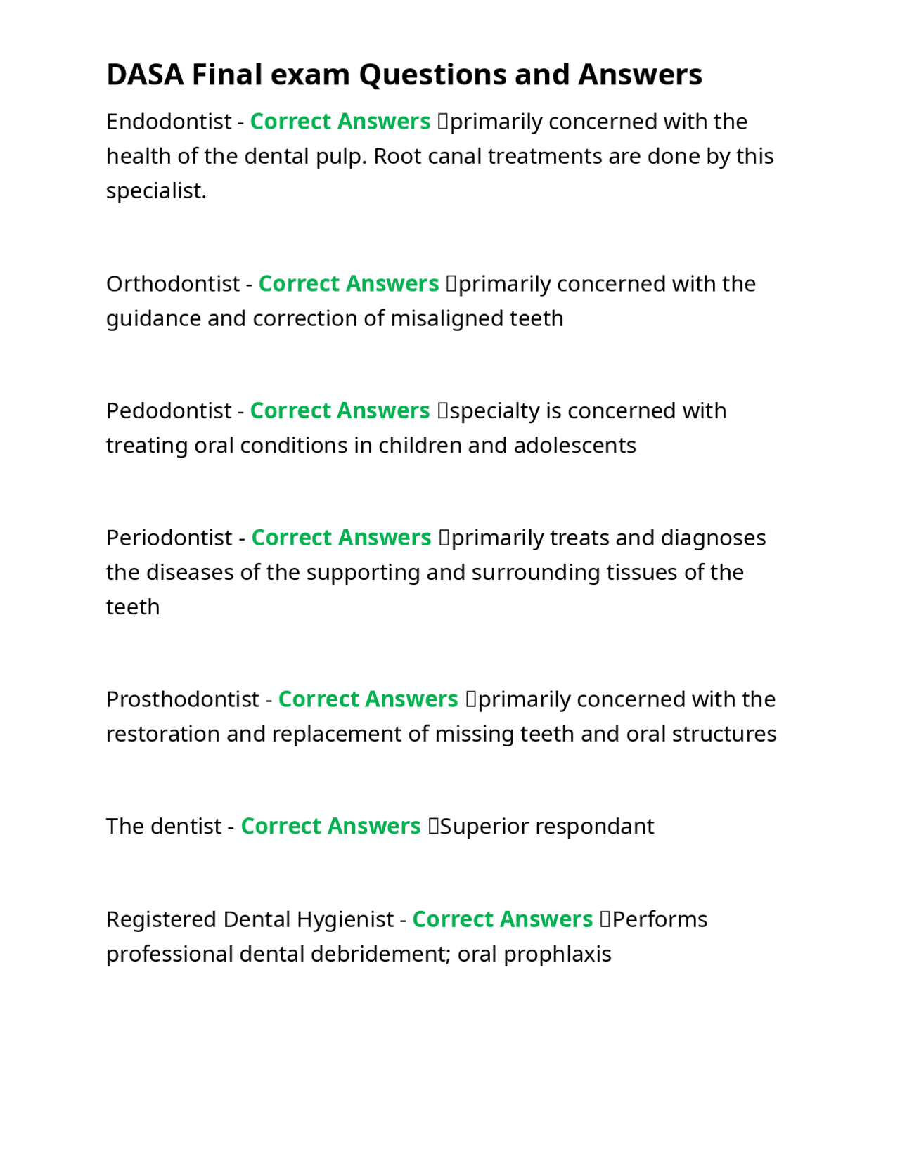DASA Final exam Questions and Answers | Exams Nursing | Docsity