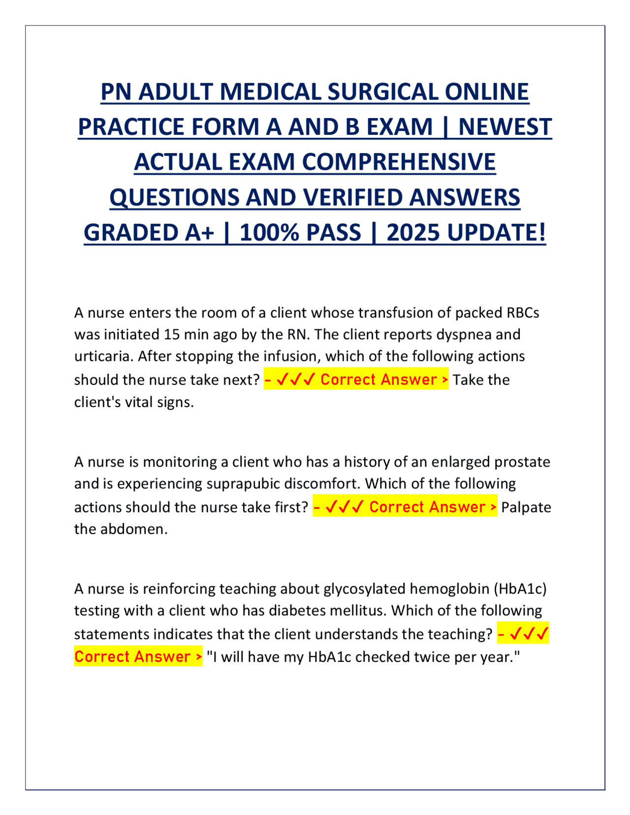 PN ADULT MEDICAL SURGICAL ONLINE PRACTICE FORM A AND B EXAM | NEWEST ...