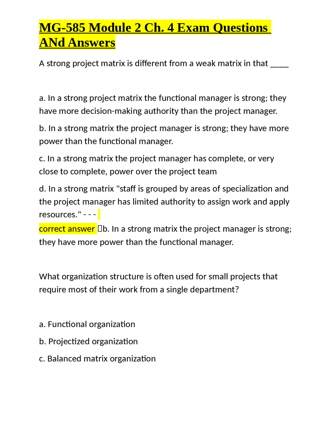 MG-585 Module 2 Chapter 4 Exam Questions and Answers: Project ...