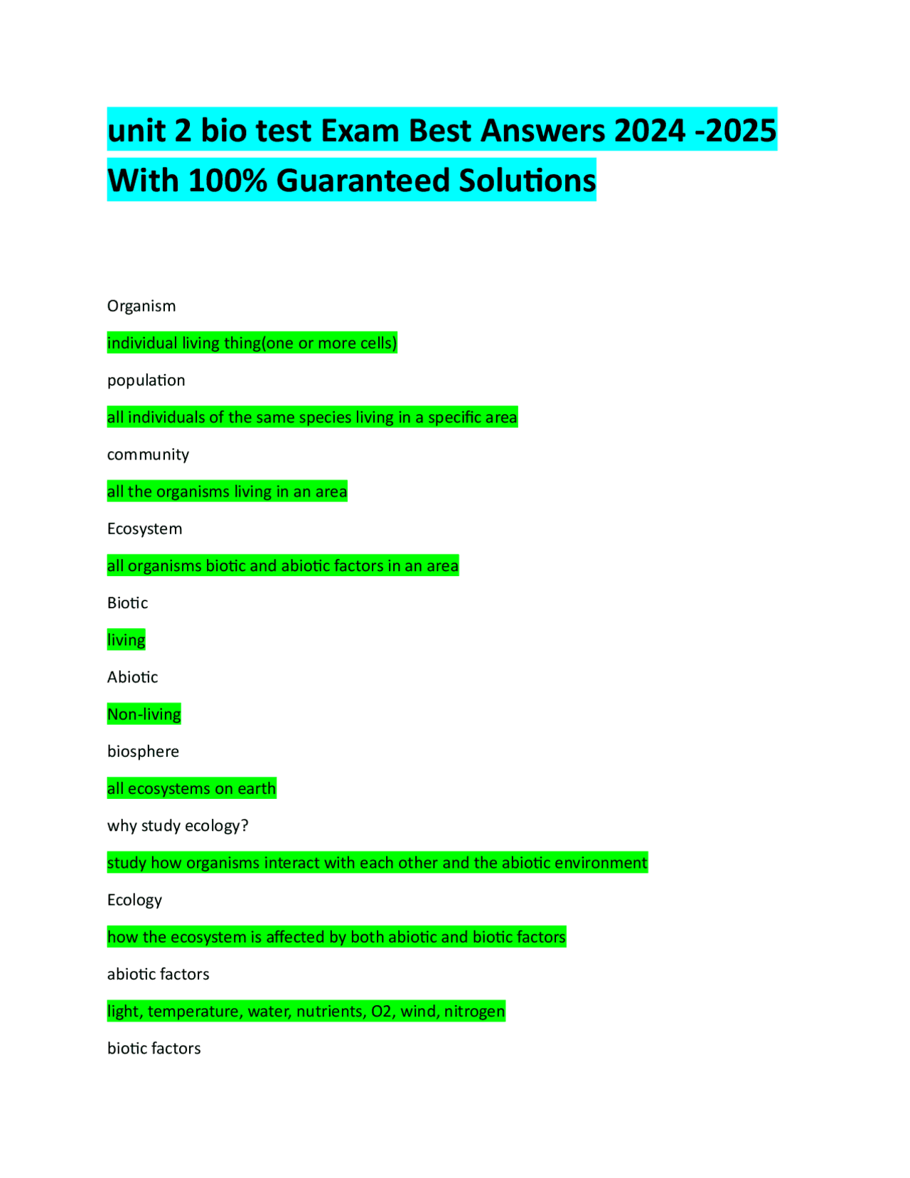 unit 2 bio test Exam Best Answers 2024 -2025 With 100% Guaranteed ...