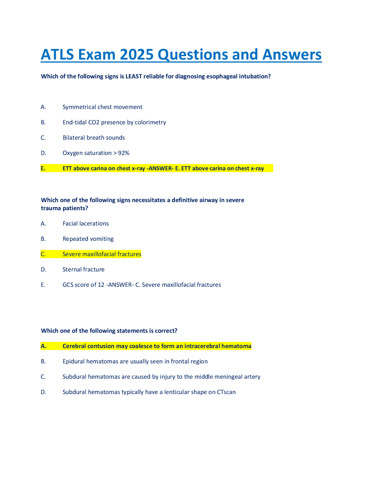 ATLS Exam 2025 Questions and Answers: A Comprehensive Review of Trauma ...
