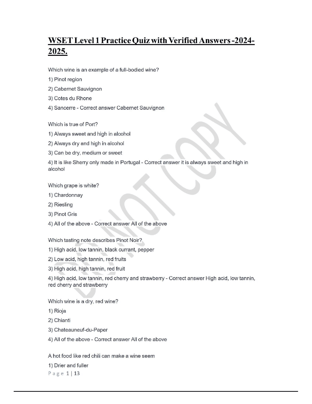 WSET Level 1 Practice Quiz with Verified Answers -2024-2025. | Exams ...