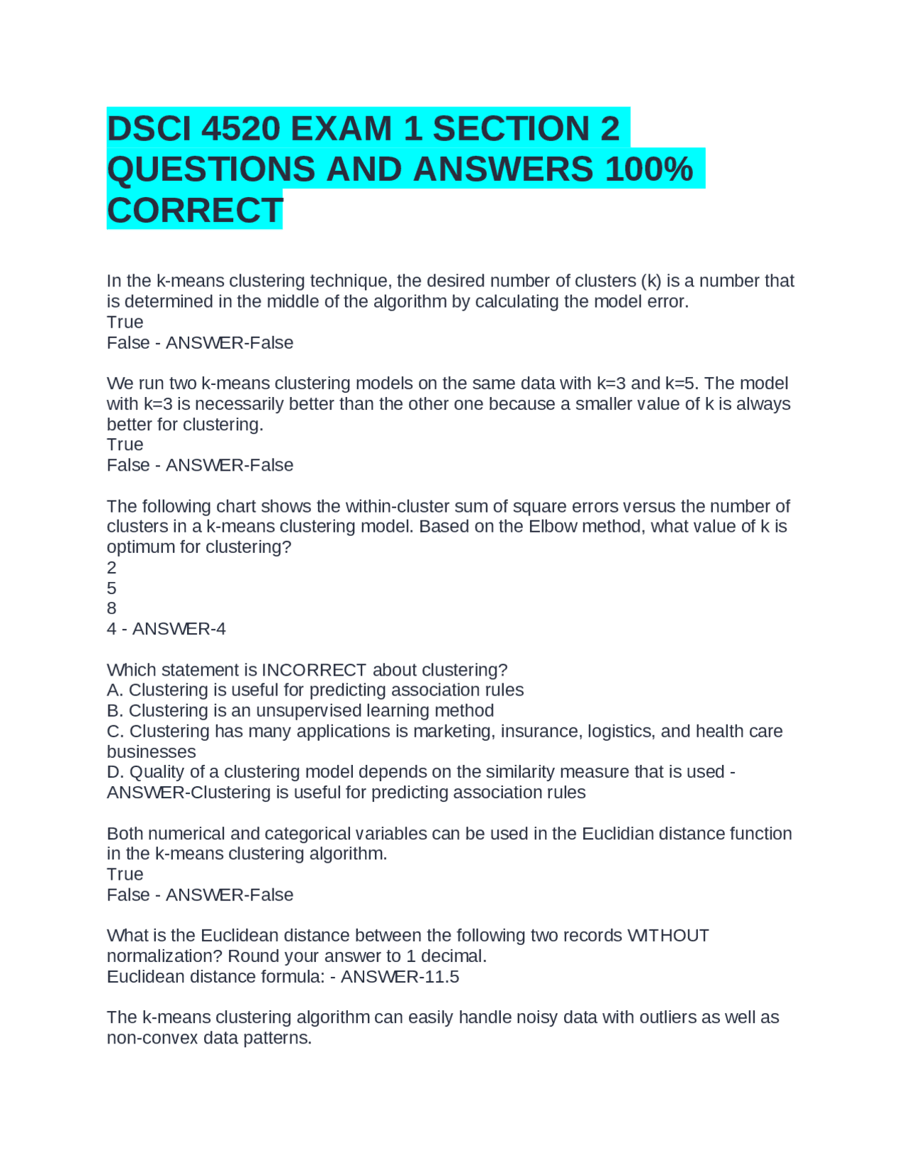 DSCI 4520 EXAM 1 SECTION 2 QUESTIONS AND ANSWERS 100% CORRECT | Exams Social Sciences | Docsity