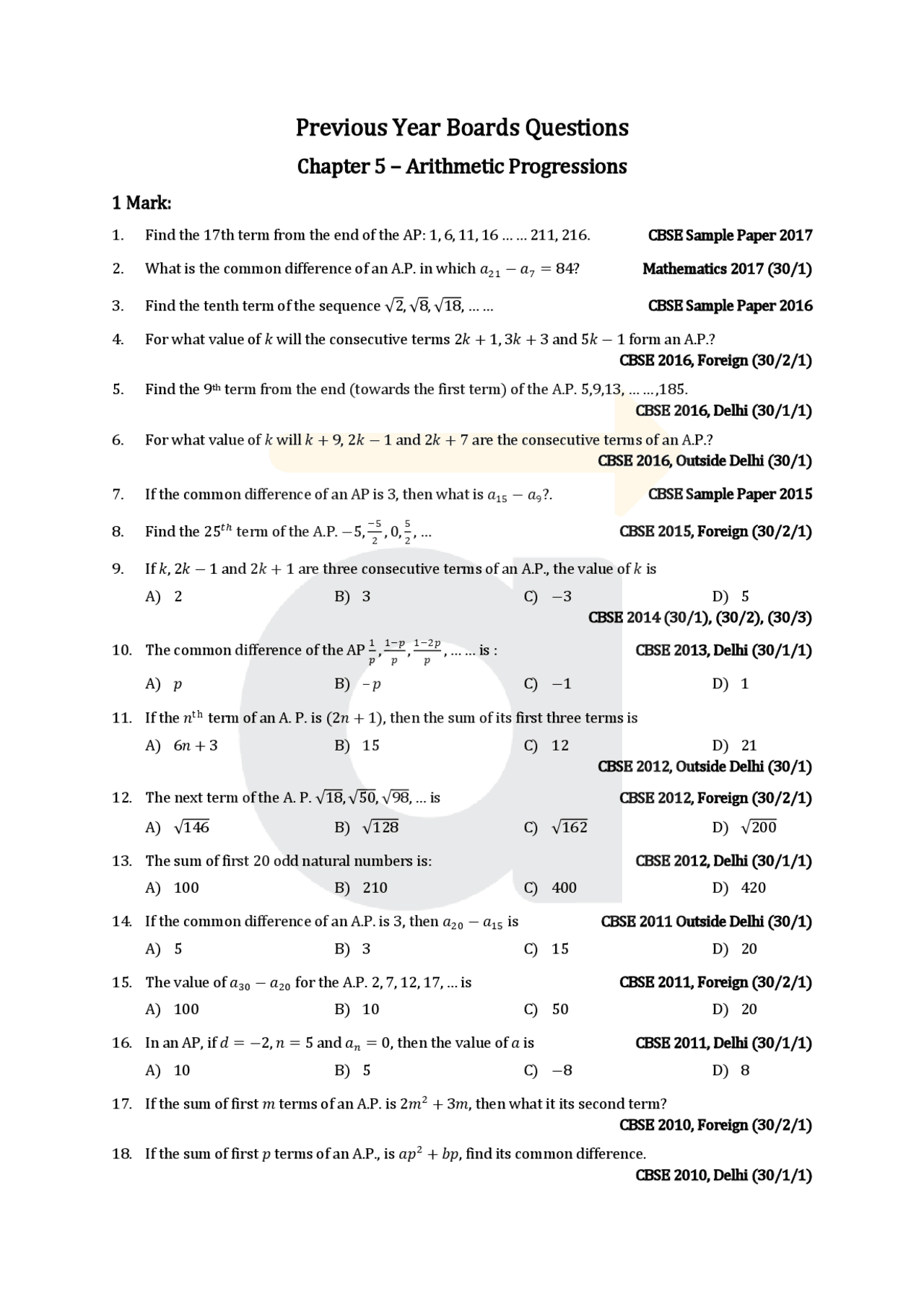 Arithmetic Progressions Class 10 | Study notes Mathematics | Docsity
