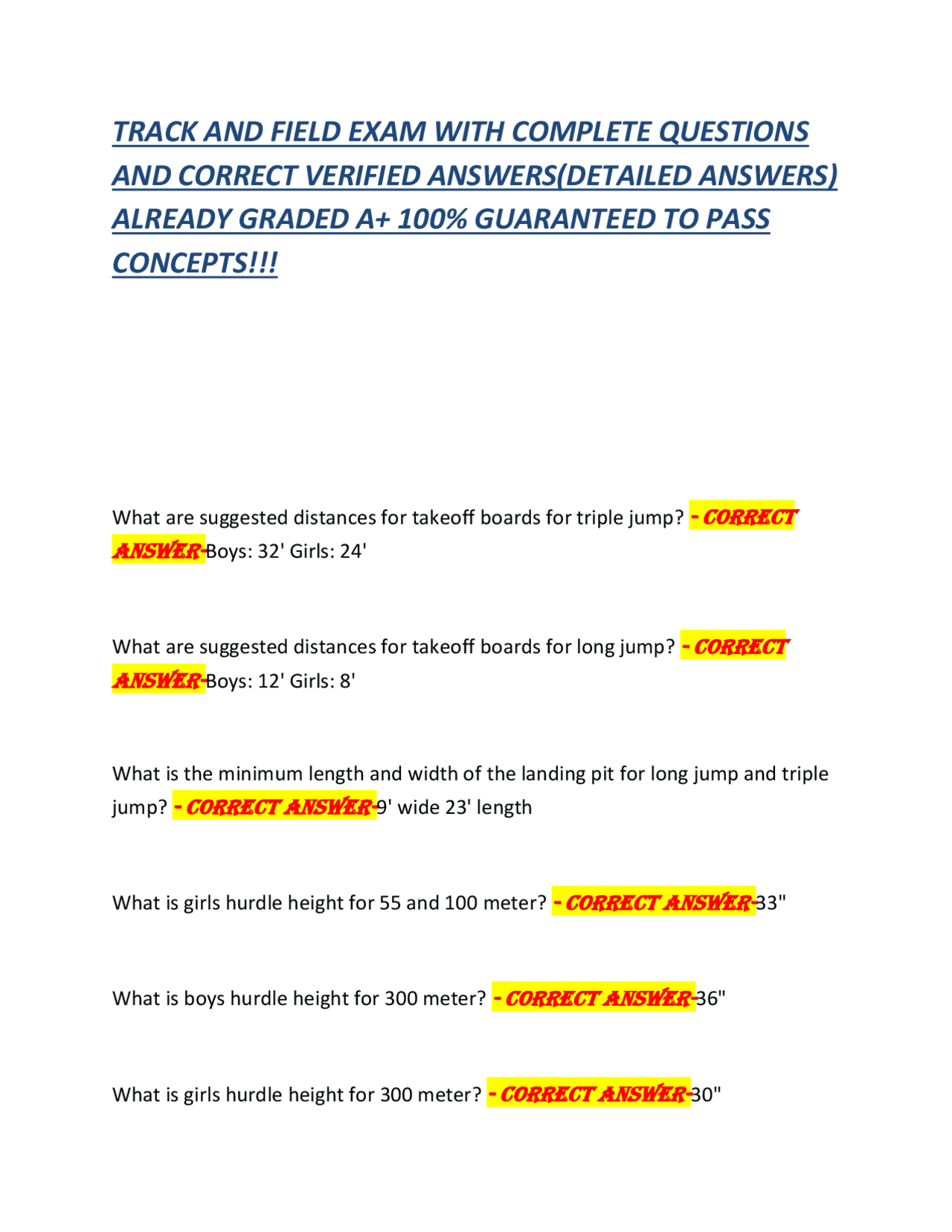 TRACK AND FIELD EXAM WITH COMPLETE QUESTIONS AND CORRECT VERIFIED ...