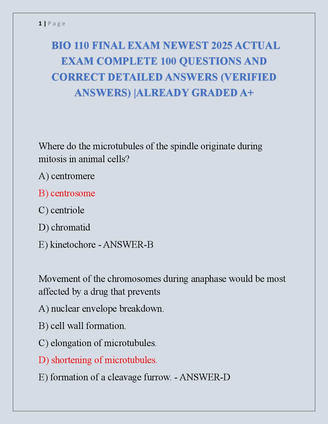 BIO 110 Final Exam: Cell Biology and Genetics | Exams Nursing | Docsity