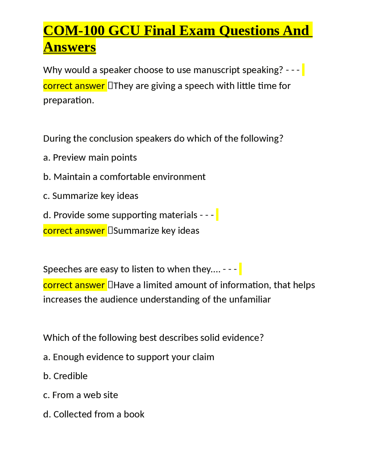 COM-100 GCU Final Exam Questions and Answers: A Guide to Public Speaking and Communication ...