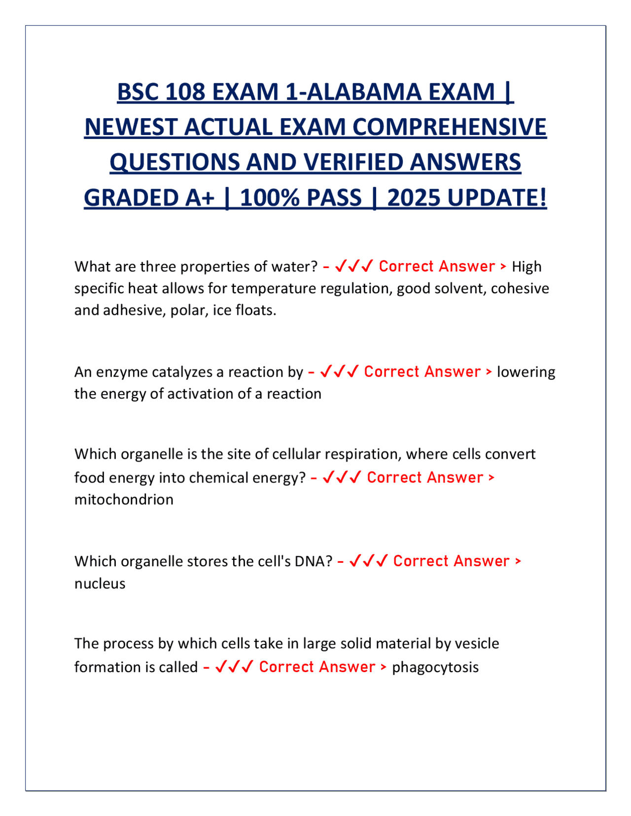 BSC 108 Exam 1: Comprehensive Questions and Answers for Alabama Exam | Exams Nursing | Docsity
