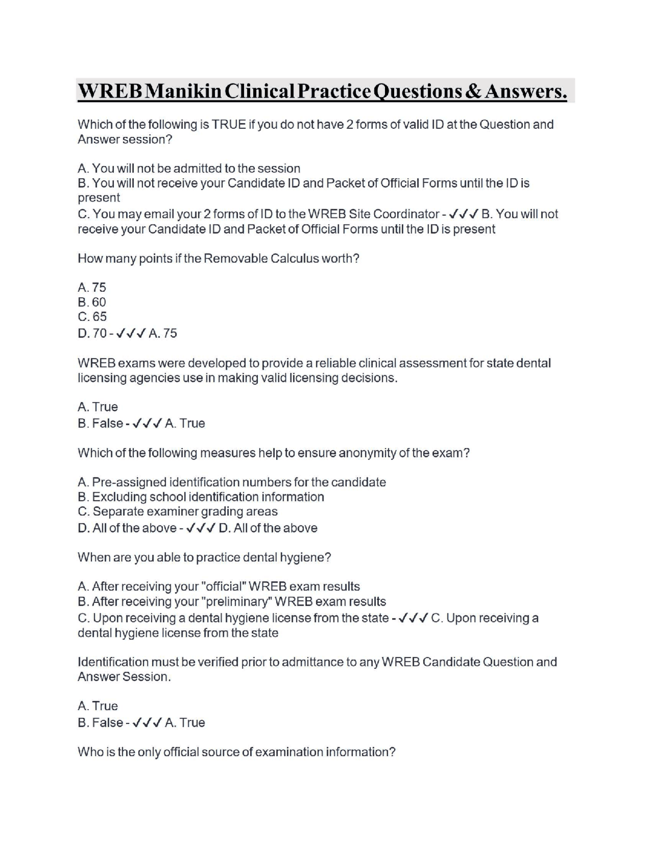 WREB Manikin Clinical Practice Questions & Answers. | Exams Company ...