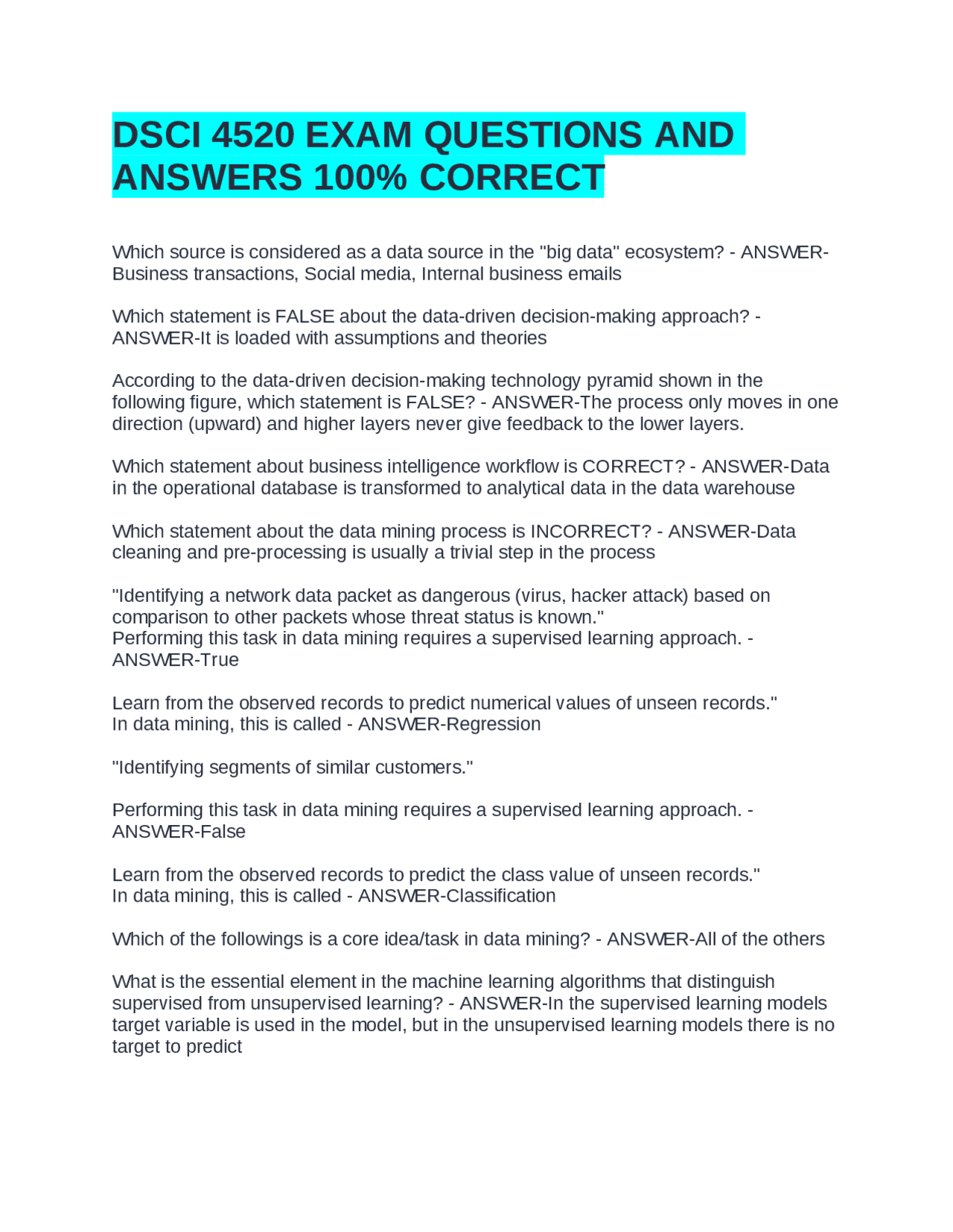 DSCI 4520 EXAM QUESTIONS AND ANSWERS 100% CORRECT | Exams Social Sciences | Docsity