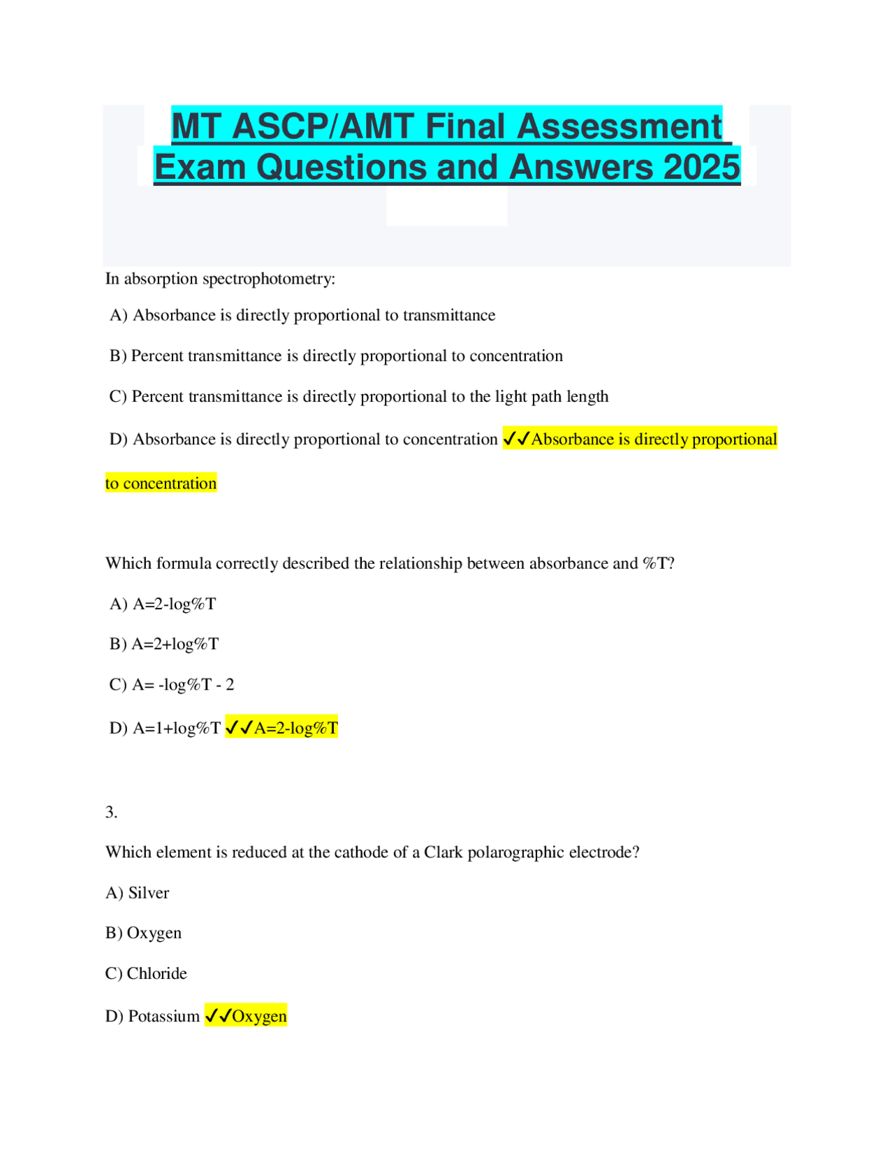 ASCP/AMT Final Exam Review: Clinical Lab Science | Exams Nursing | Docsity