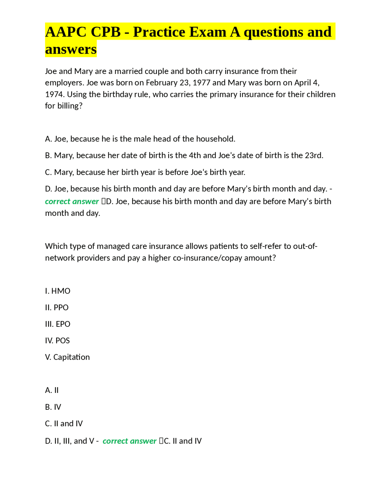 AAPC CPB - Practice Exam A: Questions and Answers | Exams Nursing | Docsity