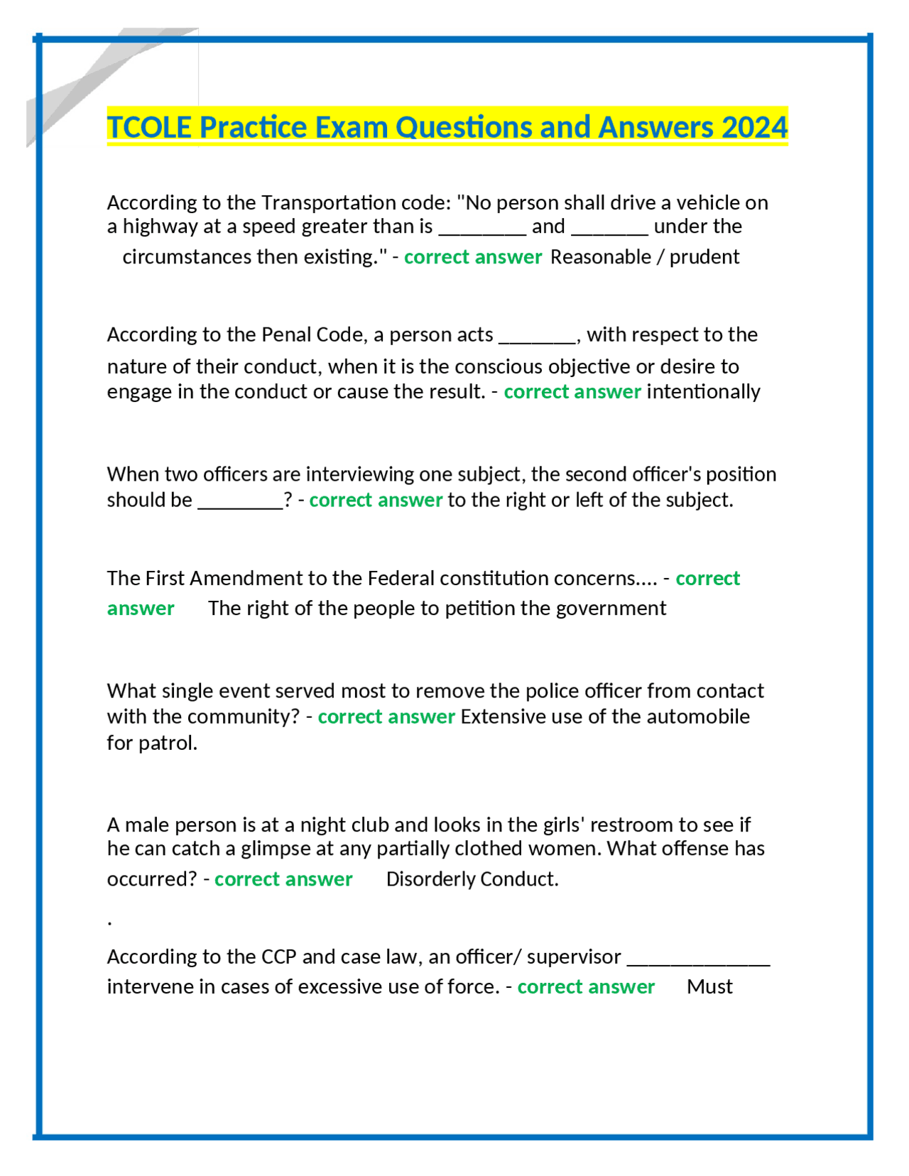 TCOLE Practice Exam Questions & Answers 2024: Texas Peace Officer Guide ...