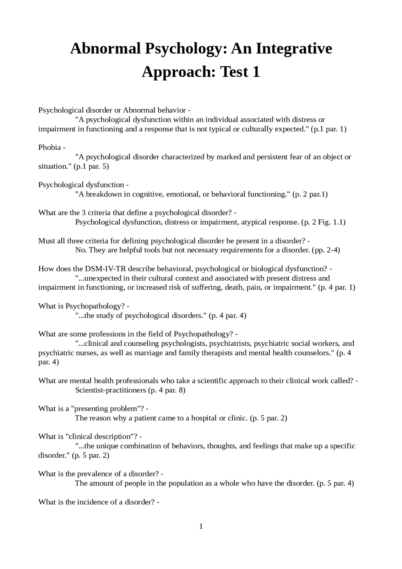 Abnormal Psychology: An Integrative Approach: Test 1 - Key Concepts and ...