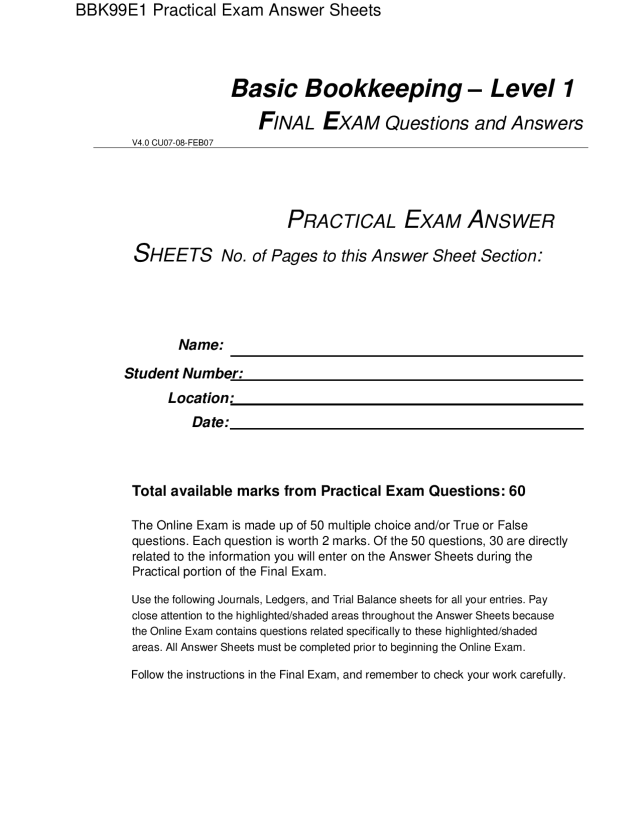 Basic Bookkeeping—Level 1 Final Exam Questions and Answers | Exams ...