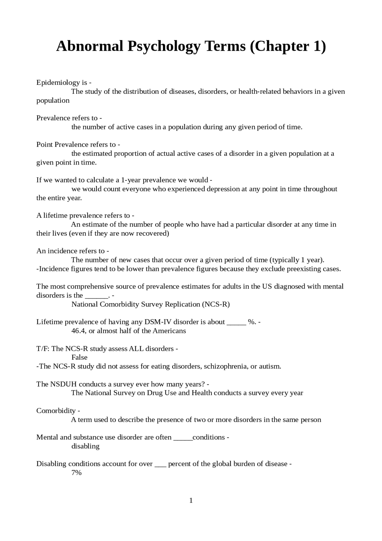 Abnormal Psychology Terms: Chapter 1 Definitions and Concepts | Exams ...