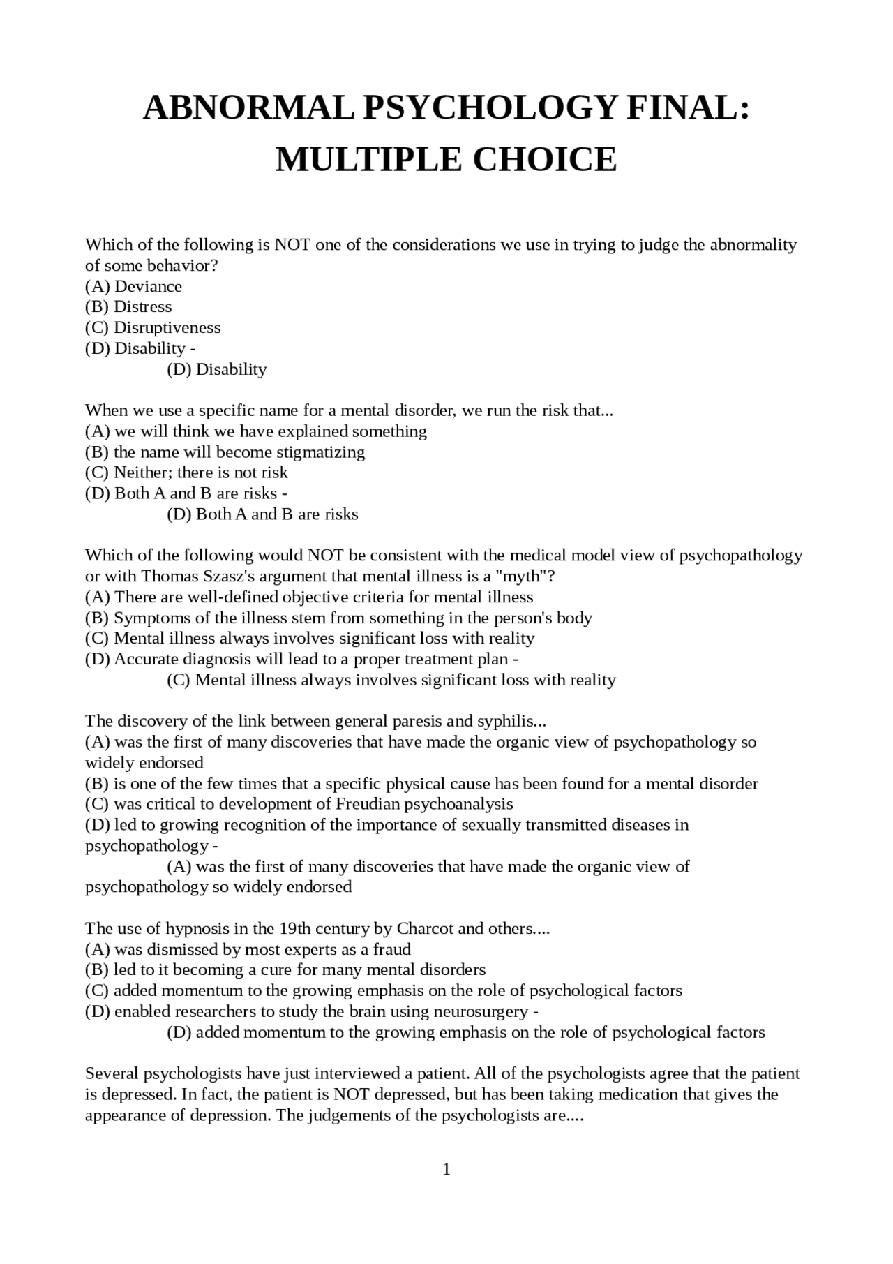 ABNORMAL PSYCHOLOGY FINAL: MULTIPLE CHOICE | Exams Psychology | Docsity