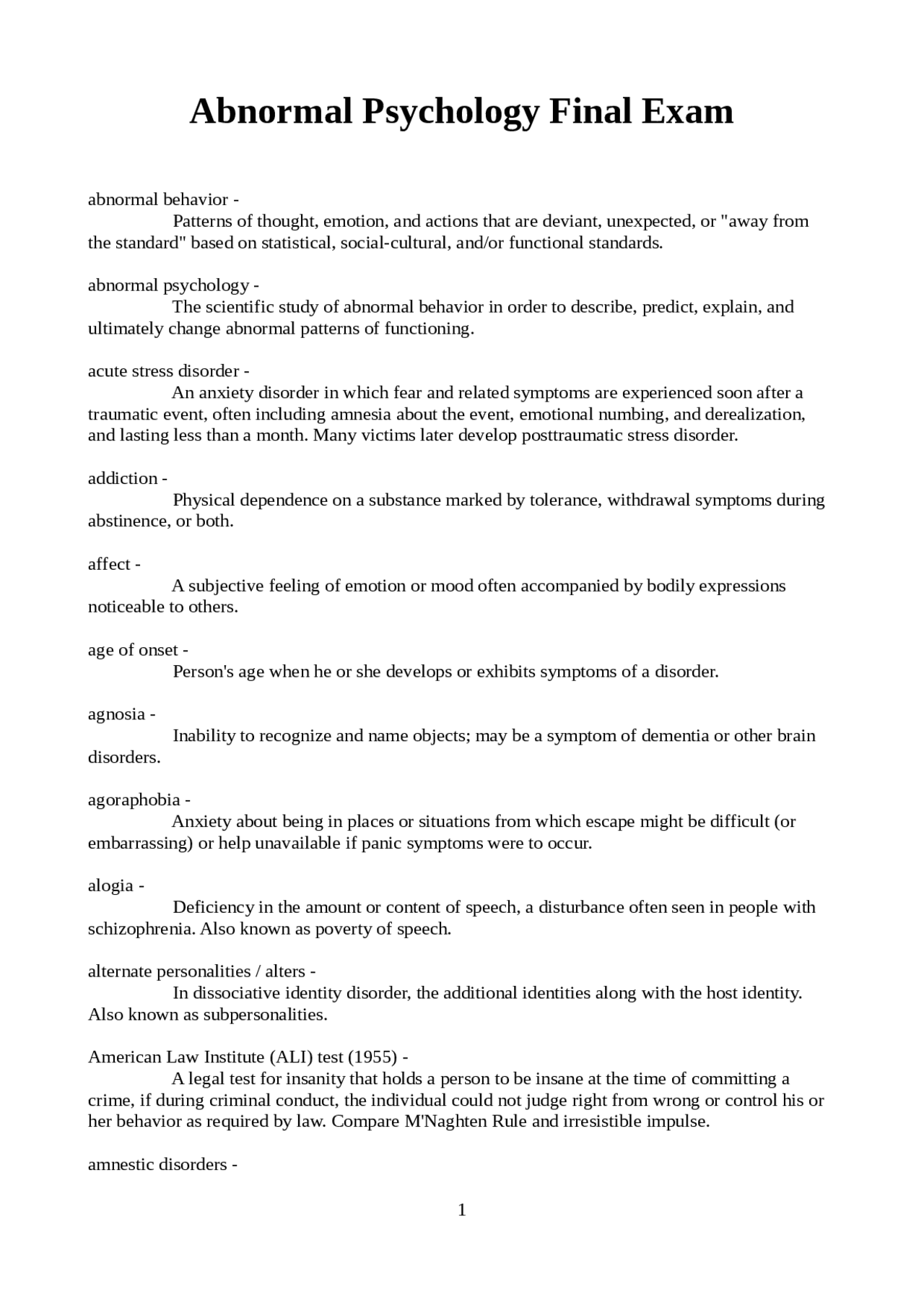 Abnormal Psychology: Key Terms and Definitions | Exams Psychology | Docsity