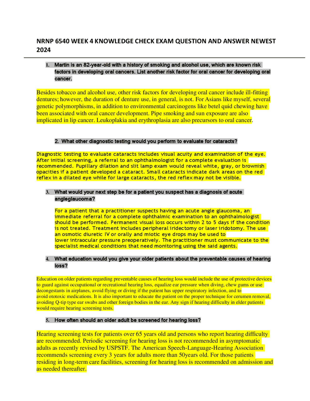 Ophthalmology and Otolaryngology: NRNP 6540 Week 4 Exam Questions | Exams Nursing | Docsity