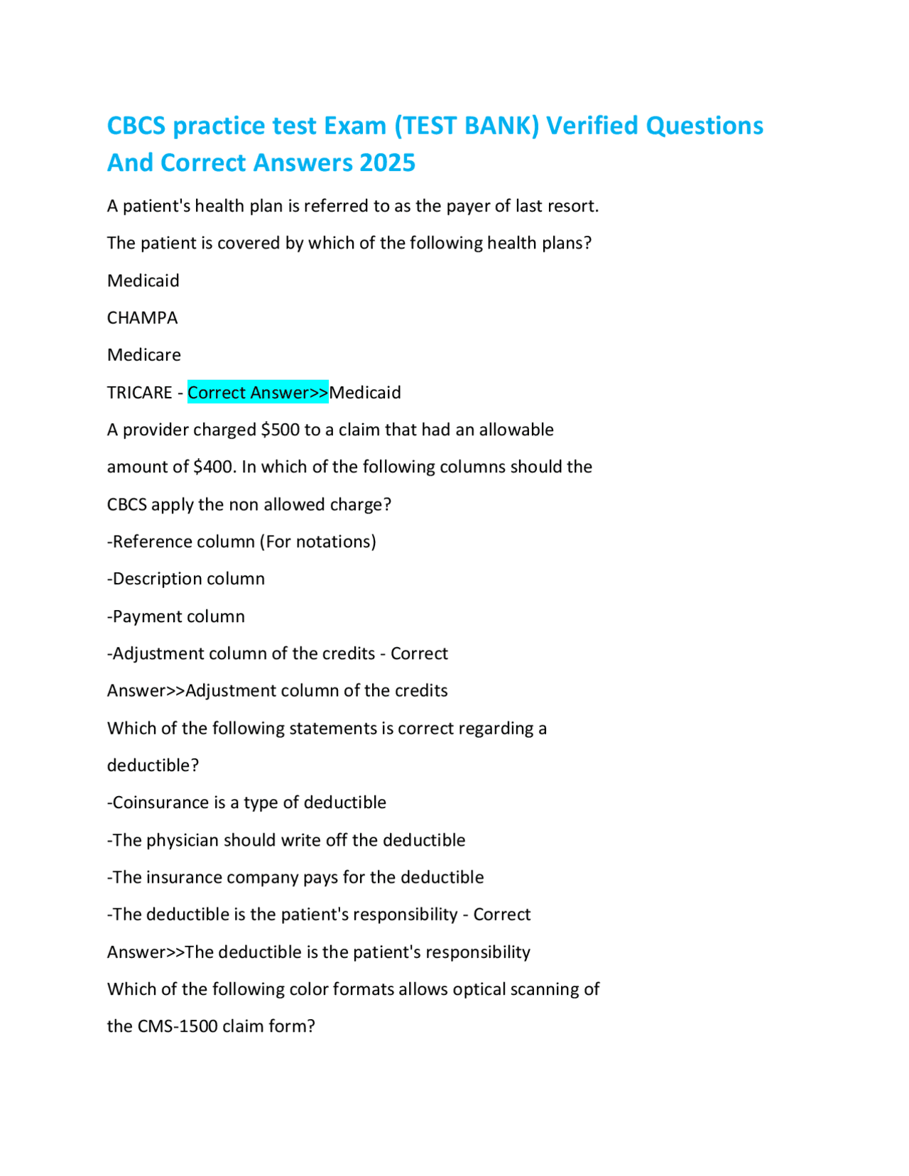 CBCS Practice Test Exam (TEST BANK) Verified Questions and Correct ...