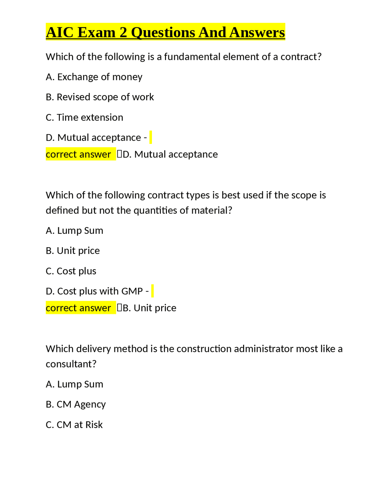 AIC Exam 2 Questions and Answers: Construction Management and Safety ...