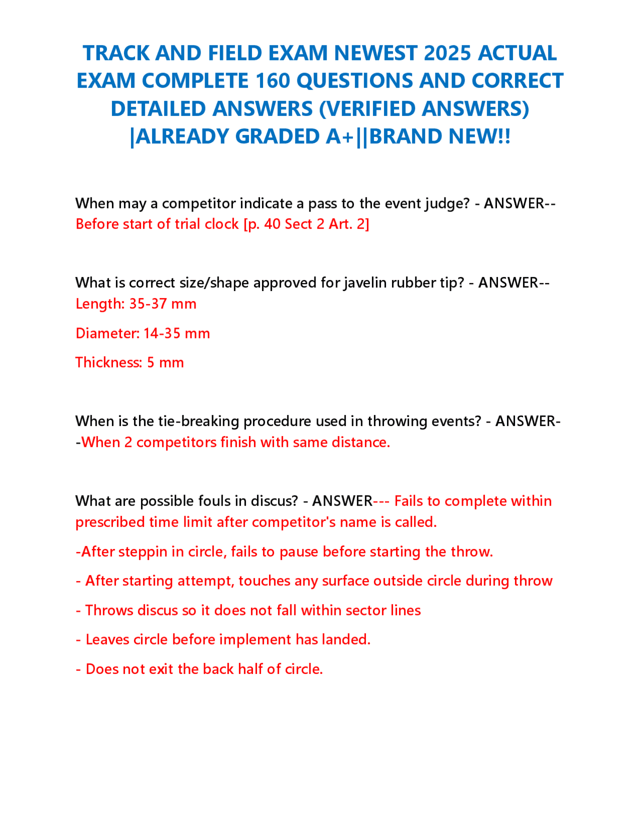 TRACK AND FIELD EXAM NEWEST 2025 ACTUAL EXAM COMPLETE 160 QUESTIONS AND ...