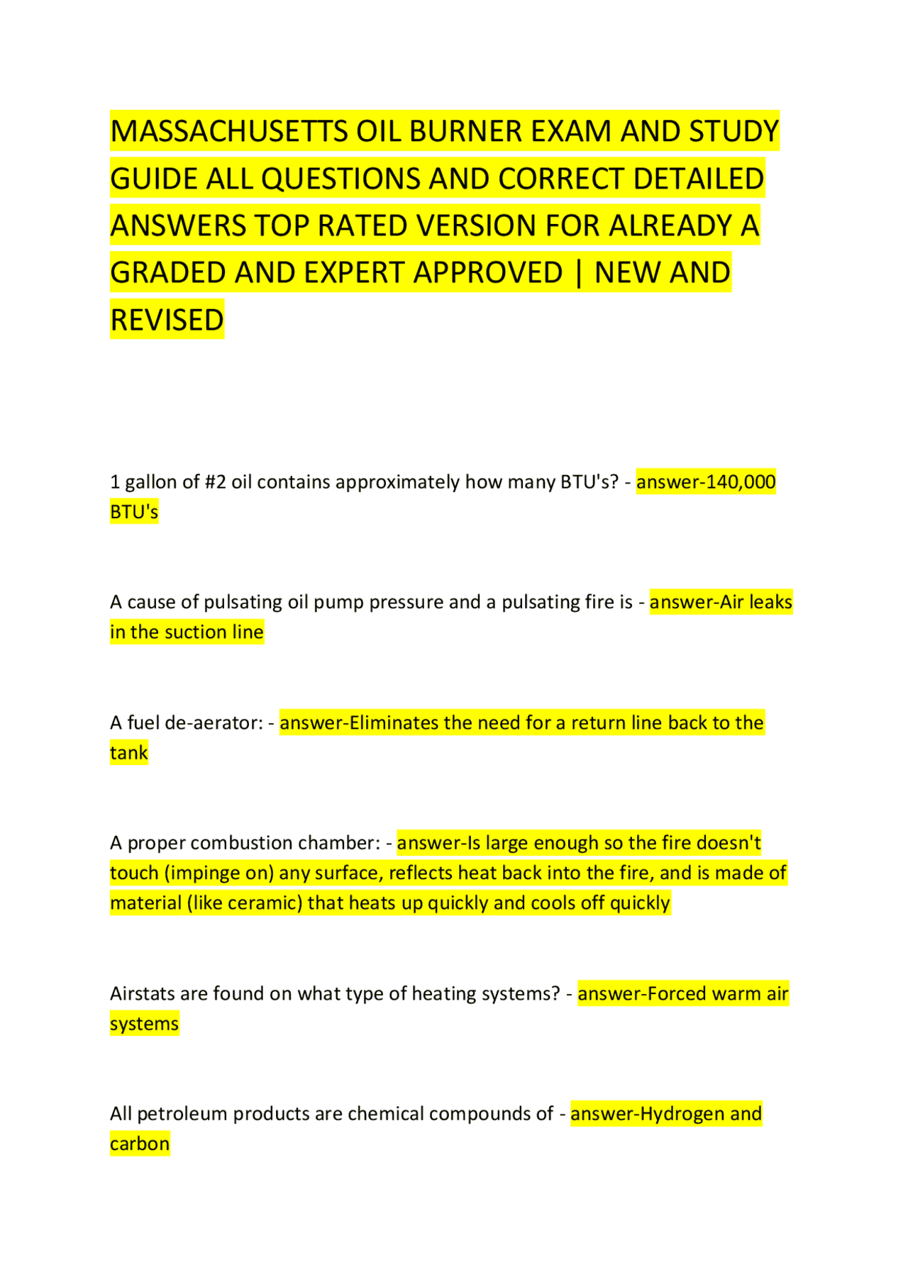 MASSACHUSETTS OIL BURNER EXAM AND STUDY GUIDE ALL QUESTIONS AND CORRECT ...