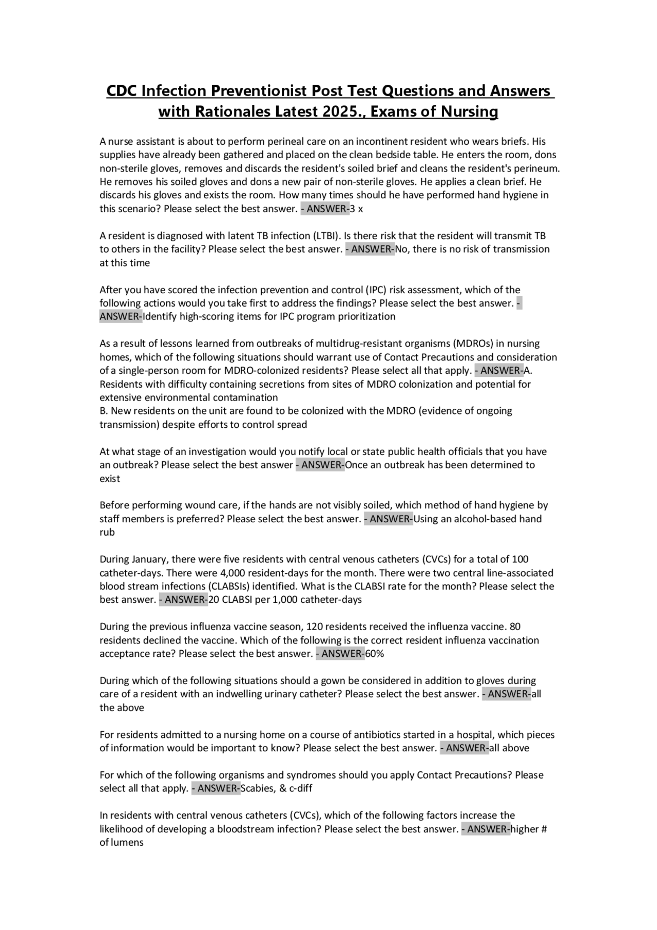 CDC Infection Preventionist Post Test Questions and Answers with ...