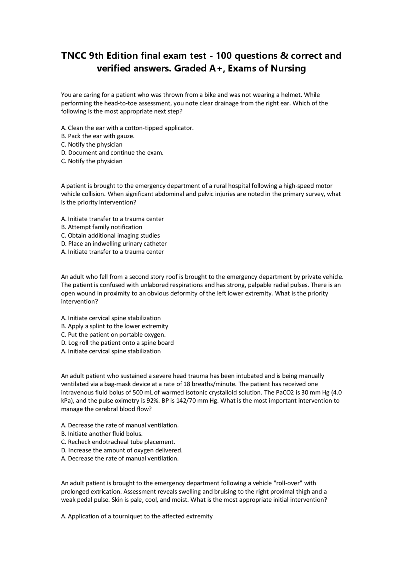 TNCC 9th Edition final exam test- 100 questions & correct and verified ...