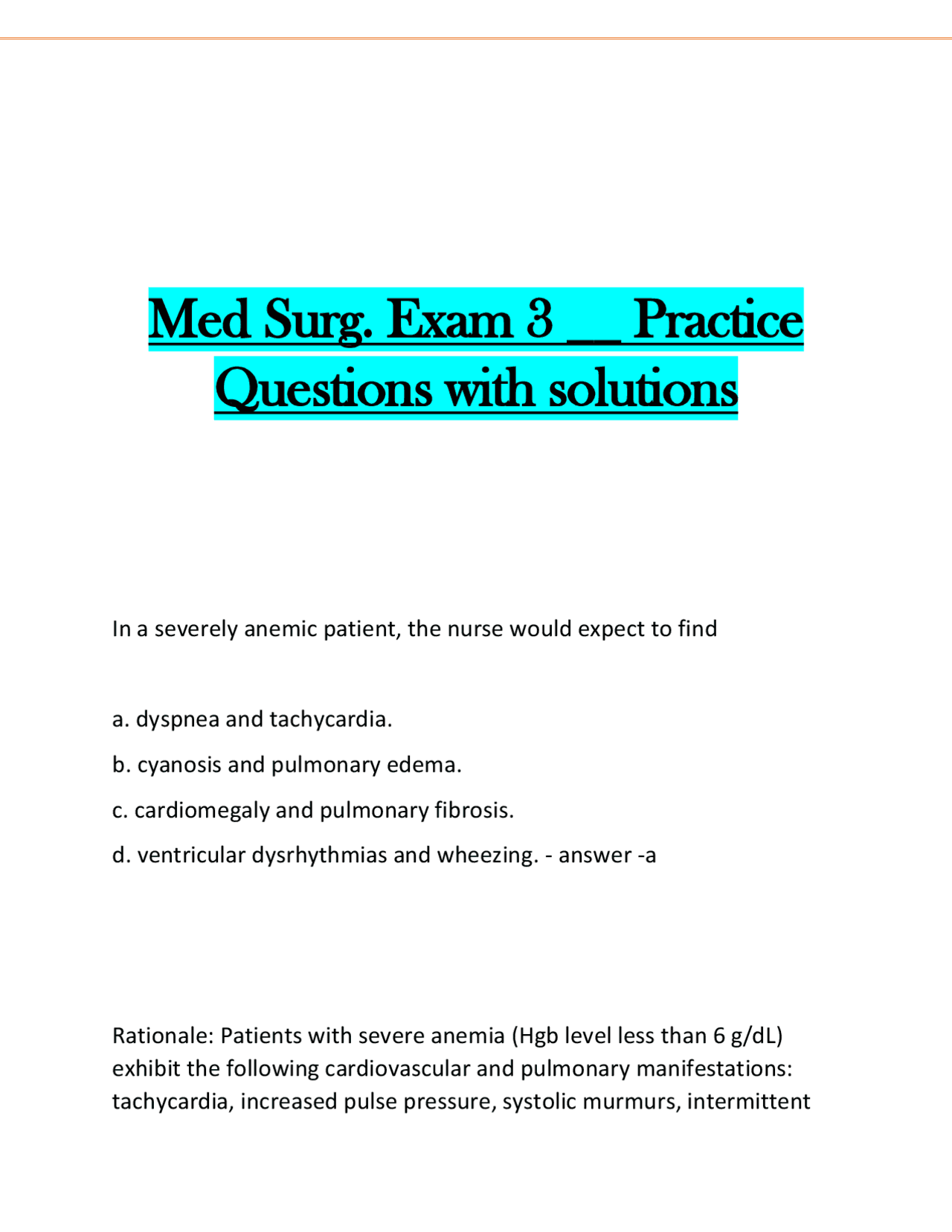 Med Surg. Exam 3 __ Practice Questions with solutions.pdf | Exams ...