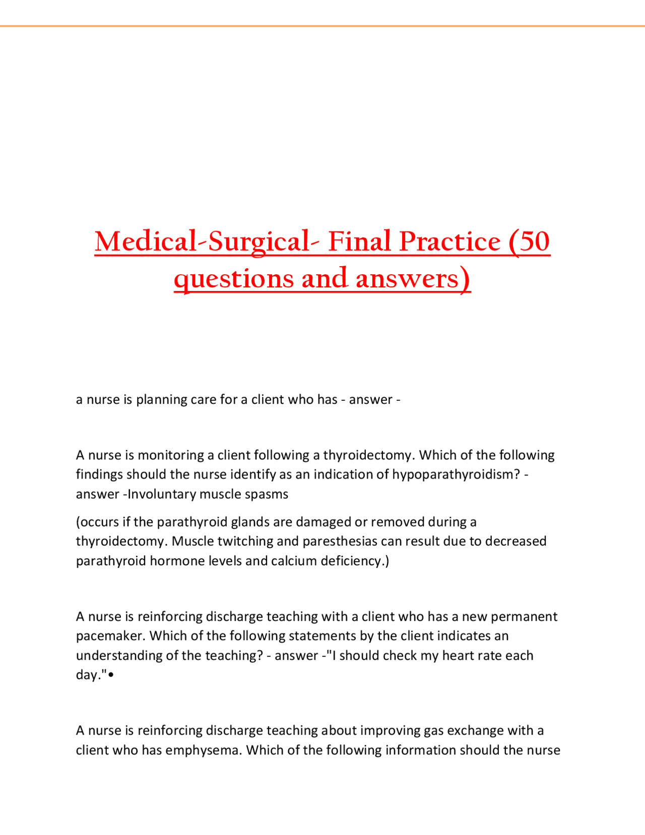 Medical-Surgical- Final Practice (50 questions and answers).pdf | Exams ...