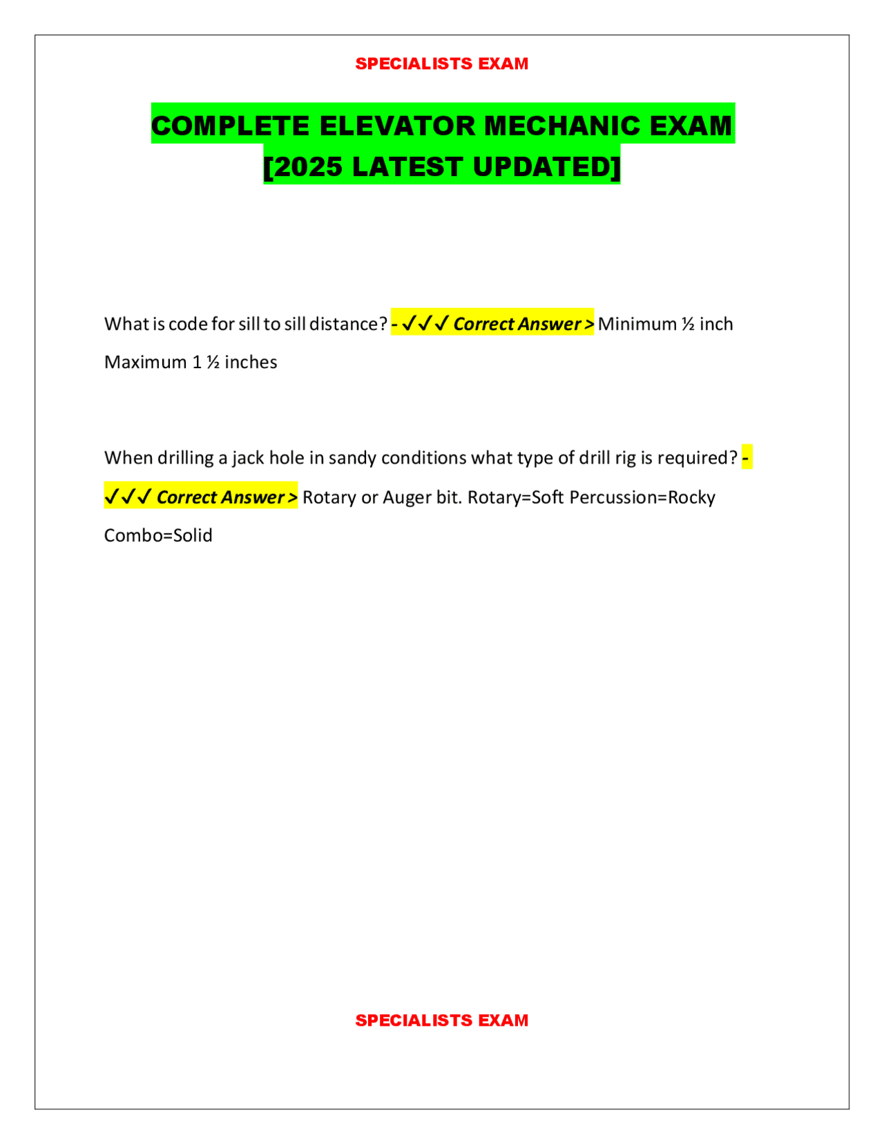 Elevator Mechanics Exam Questions and Answers | Exams Nursing | Docsity