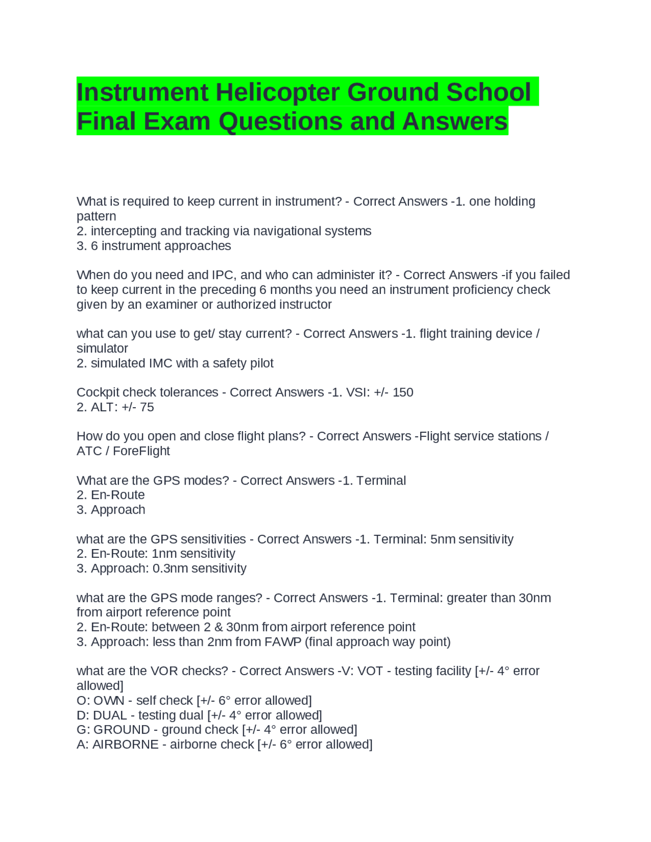 Instrument Helicopter Ground School Final Exam Questions and Answers ...