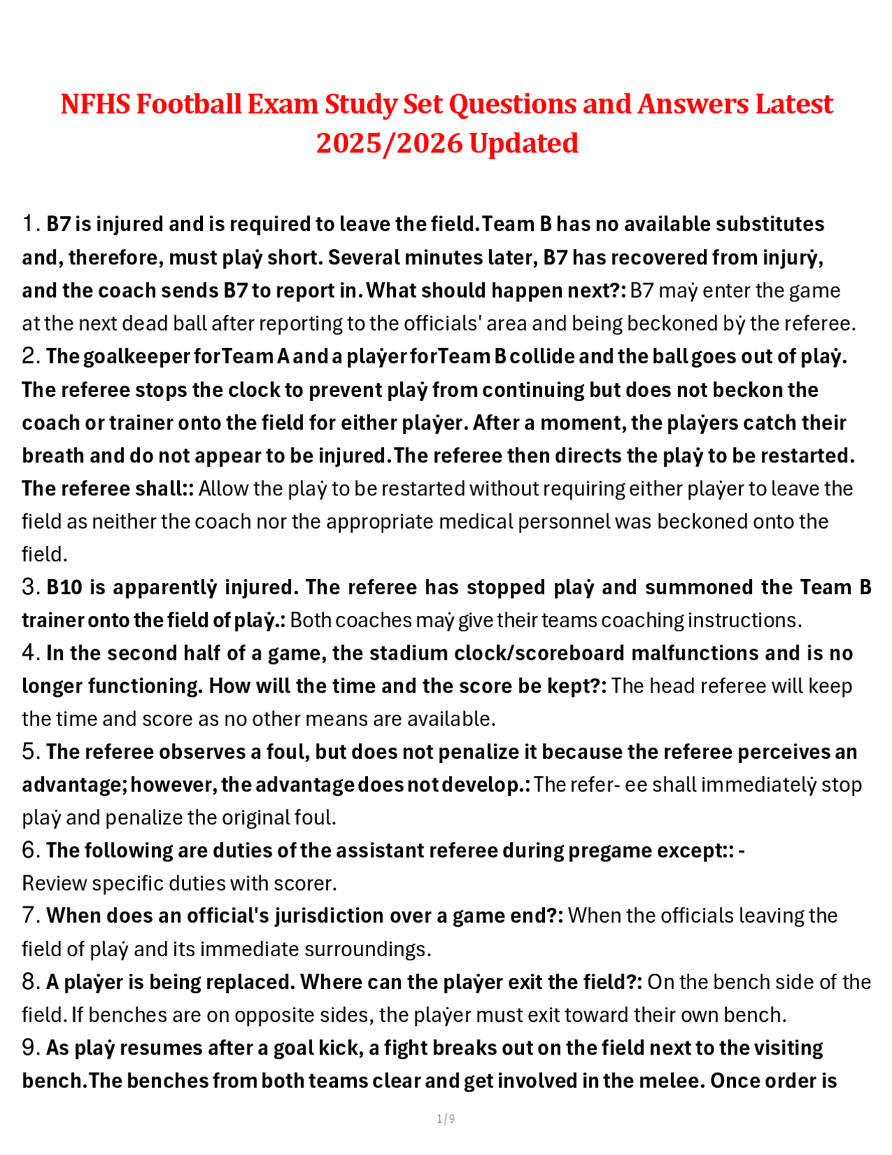 NFHS Football Exam Study Set Questions and Answers Latest 2025/2026 ...