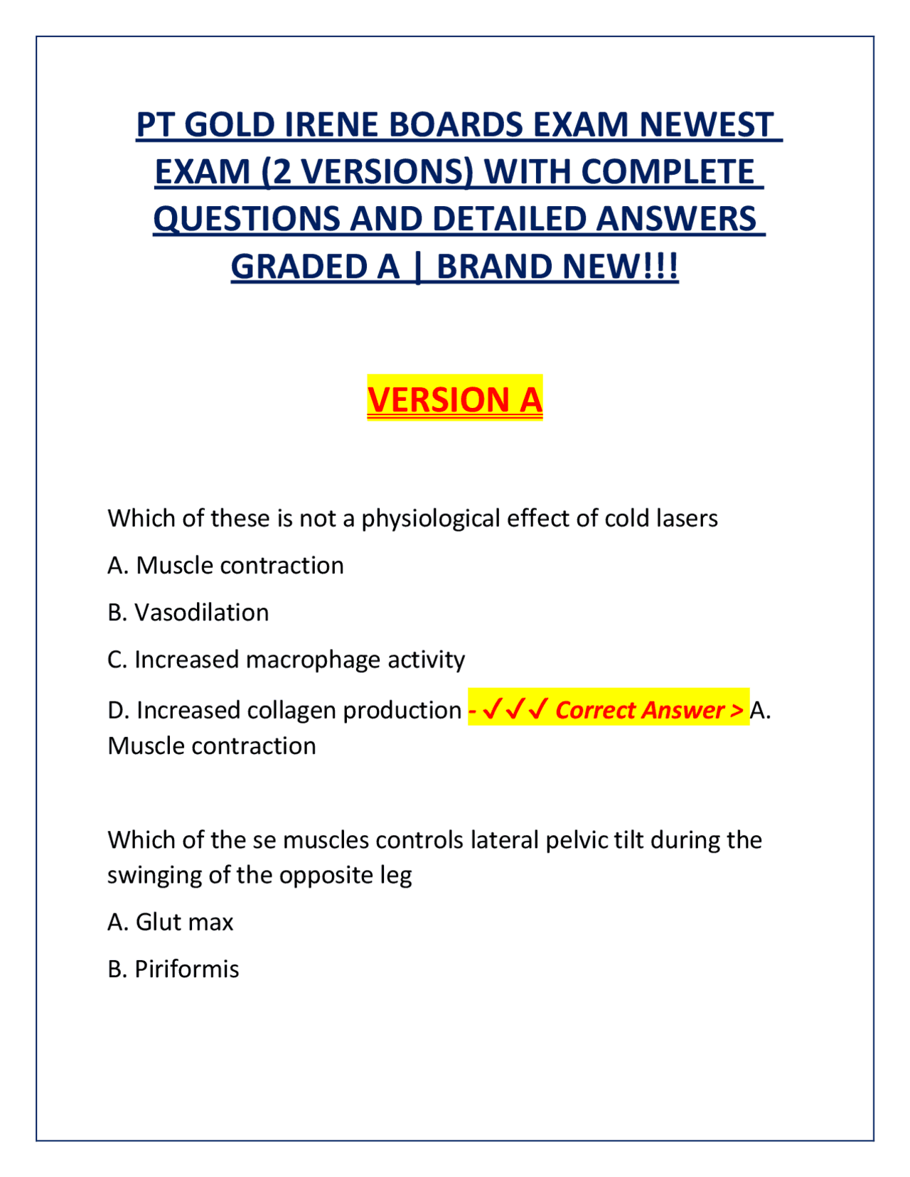 PT GOLD IRENE BOARDS EXAM NEWEST EXAM (2 VERSIONS) WITH COMPLETE ...