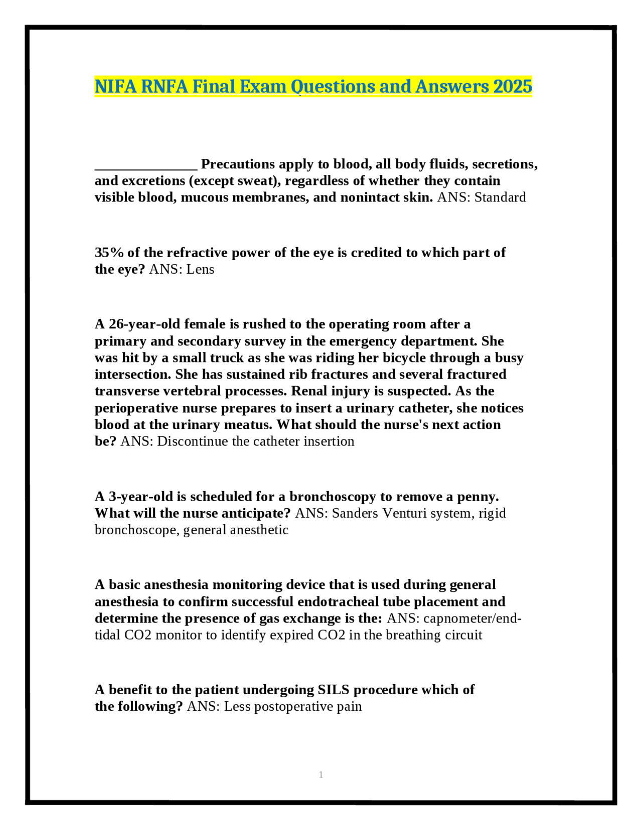 NIFA RNFA Final Exam Questions and Answers 2025 | Exams Nursing | Docsity