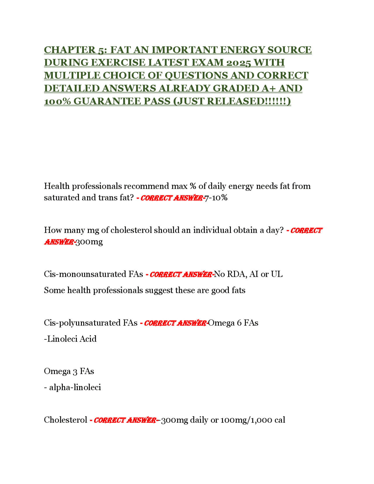 CHAPTER 5: FAT AN IMPORTANT ENERGY SOURCE DURING EXERCISE LATEST EXAM ...
