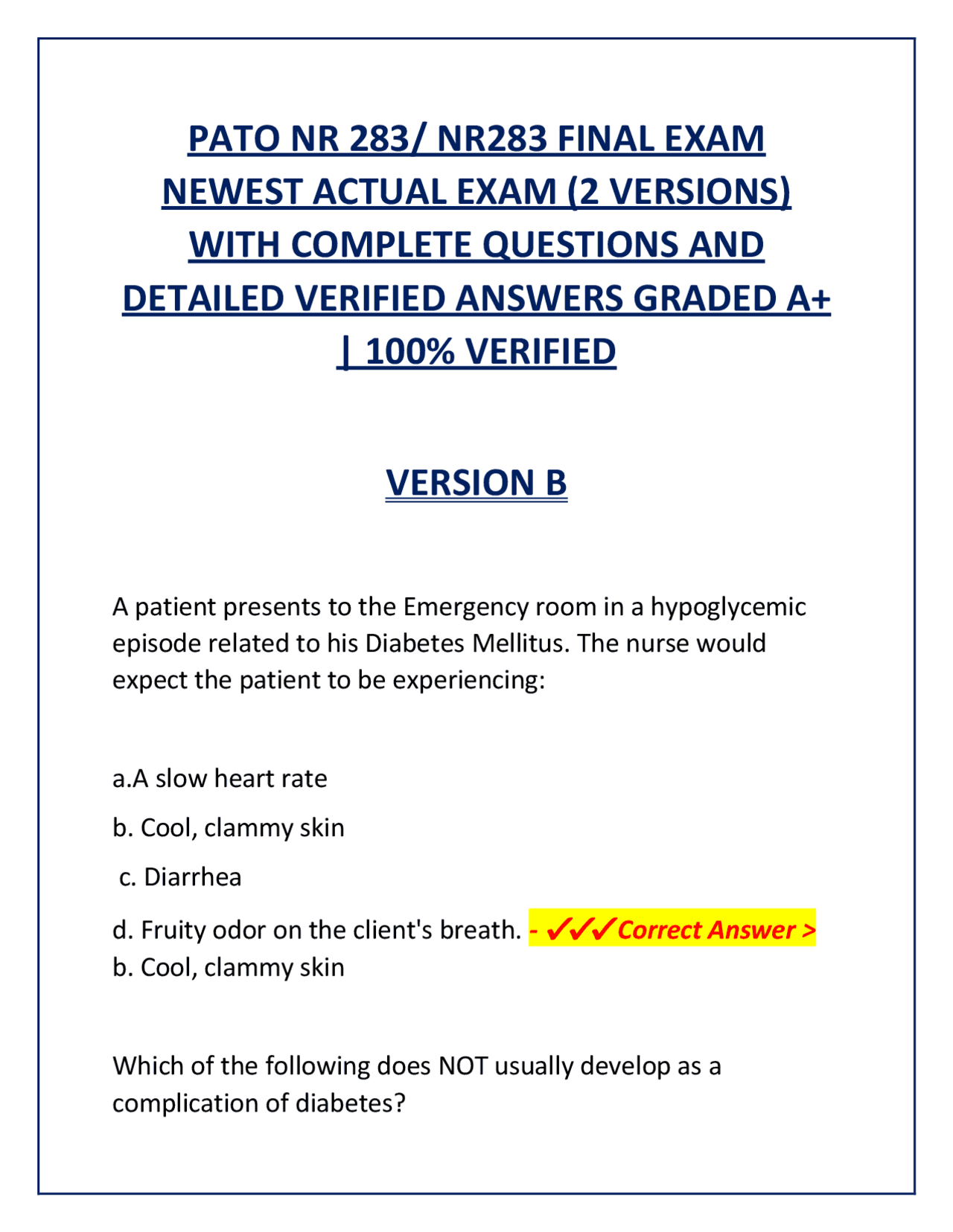 PATHO NR 283/ NR283 FINAL EXAM NEWEST ACTUAL EXAM (2 VERSIONS) WITH ...